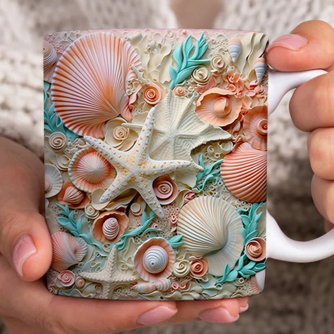 3D Seashells Beach Mug, 3D Summer Beach Mug, 3D Mug Design, Floral Mug ...