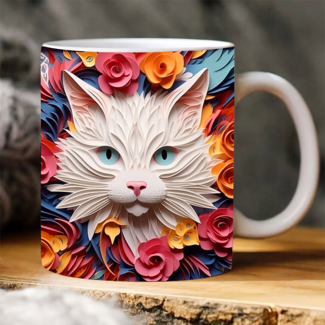 3D White Cat Mug, Bright Floral Mug Wrap, Cat Mug Design, 3D Flower Mug ...