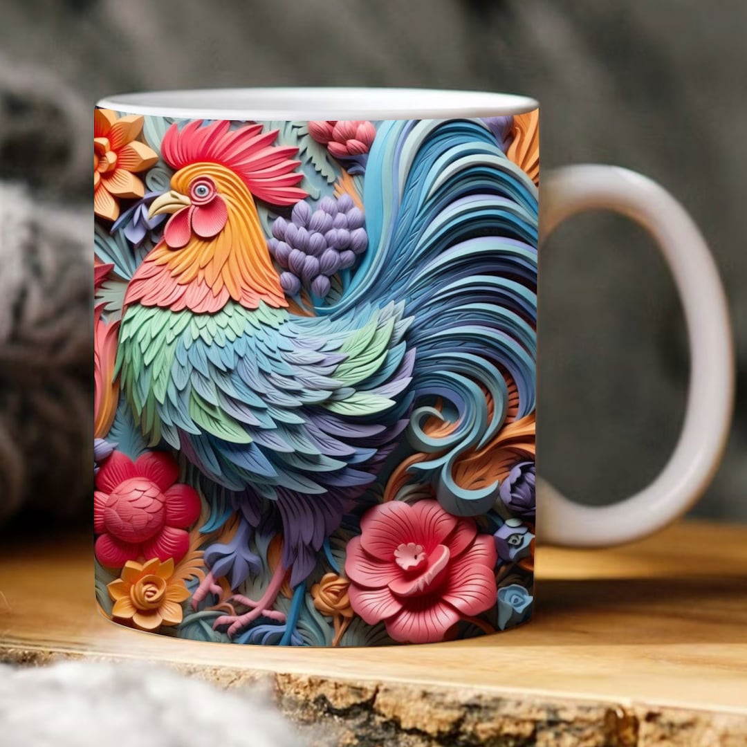 3D Chicken Flowers Mug Wrap, 11oz 15oz Mug Design, 3D Farm Mug ...