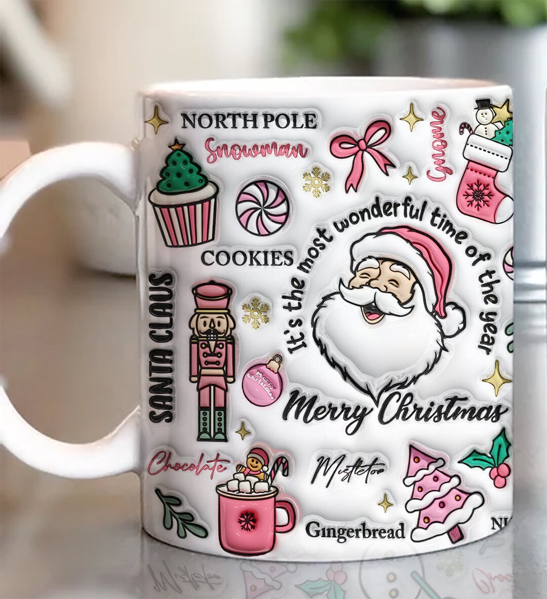 3D Pink Christmas Inflated Mug Wrap, Xmas Vibes Coffee Puffy Mug, Milk ...