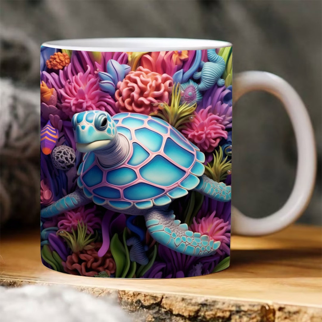 3D Sea Turtle Mug, 3D Purple Seashells Mug, 3D Turtle Mug Wrap, 3D ...