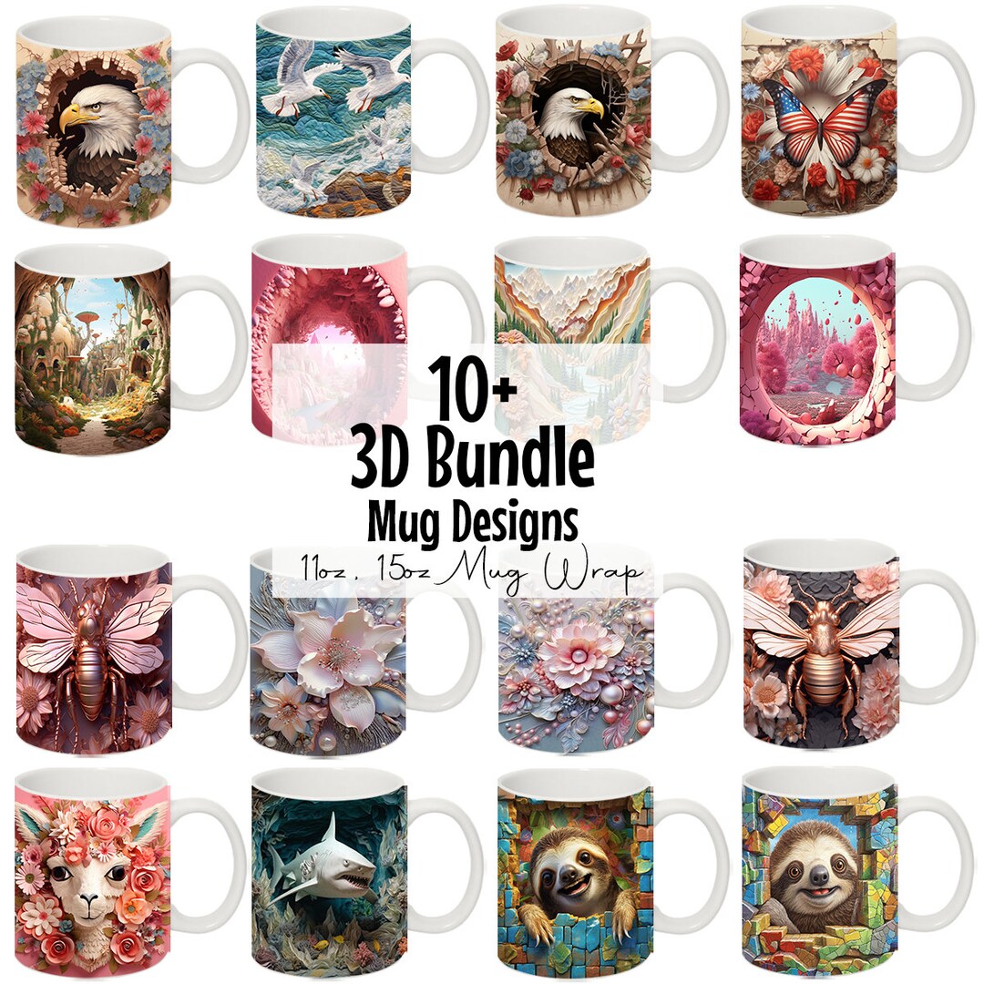 15 3D Mug Wrap Bundle, 3D Flowers Mug Wrap, 3D Beach Mug Wrap, 3D Bee ...