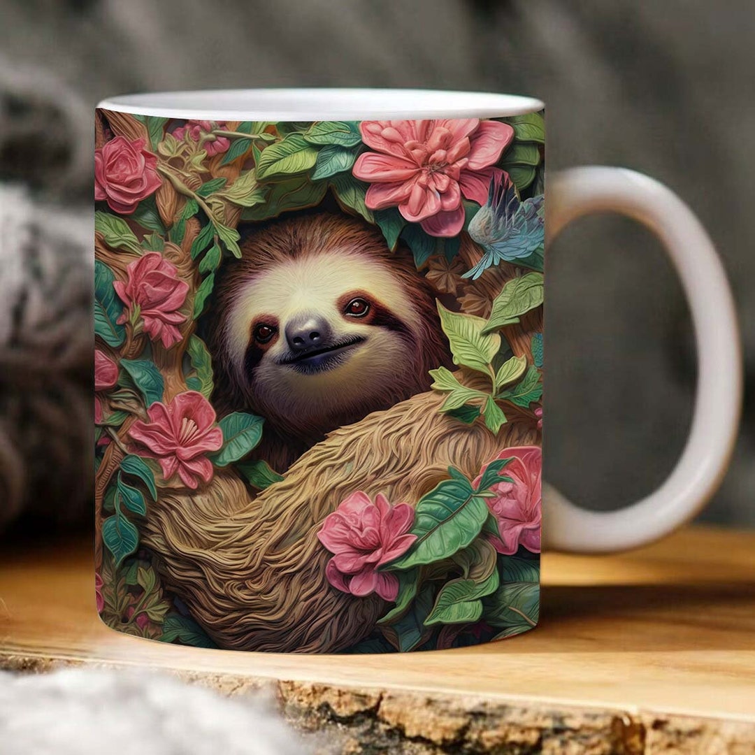 3D Sloth Flowers Mug Wrap Design 3D Sloth and Pink Flowers - Etsy