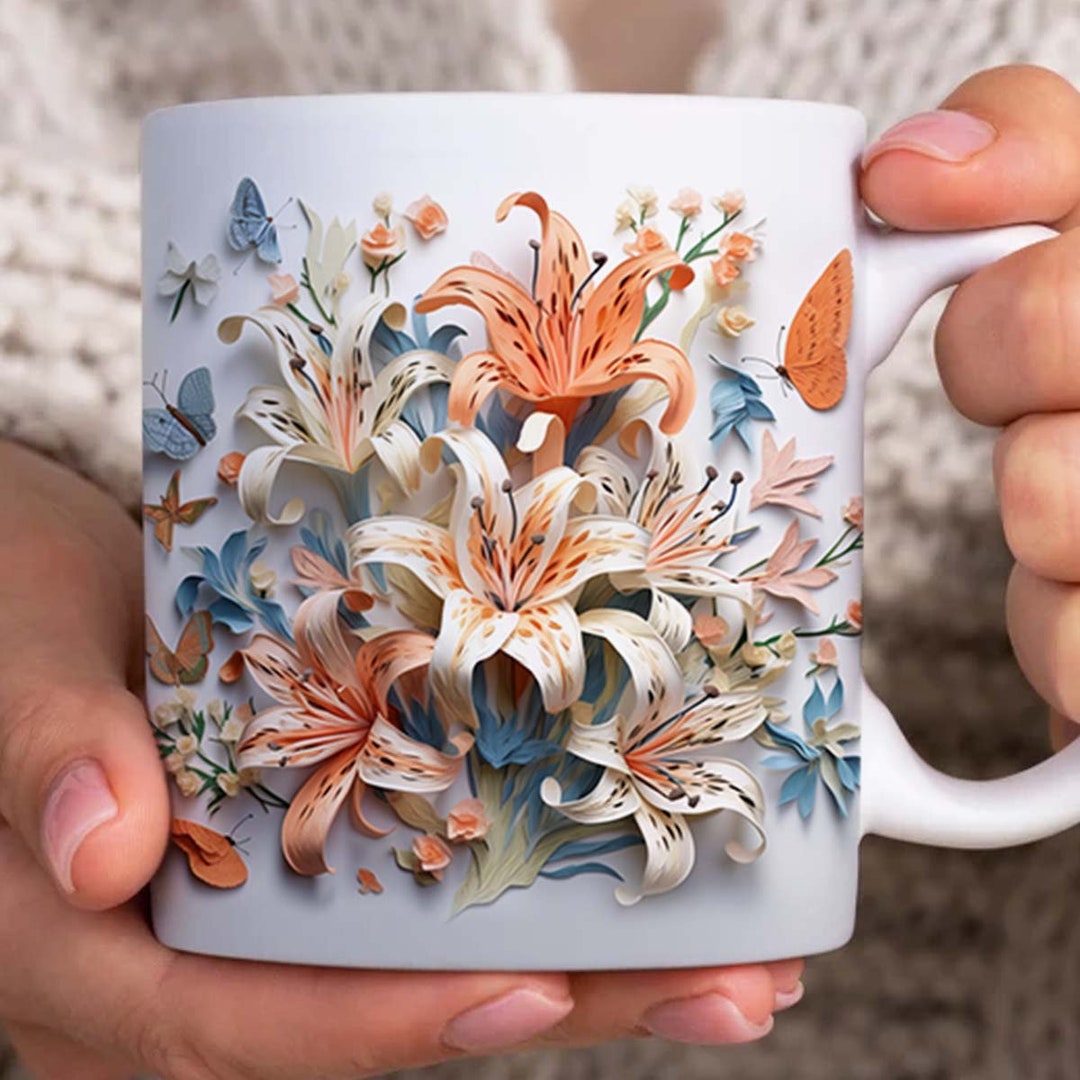 3D Bright Lilies Flowers Mug,3d Colorful Lily Mug Wrap, 3D White Wild ...
