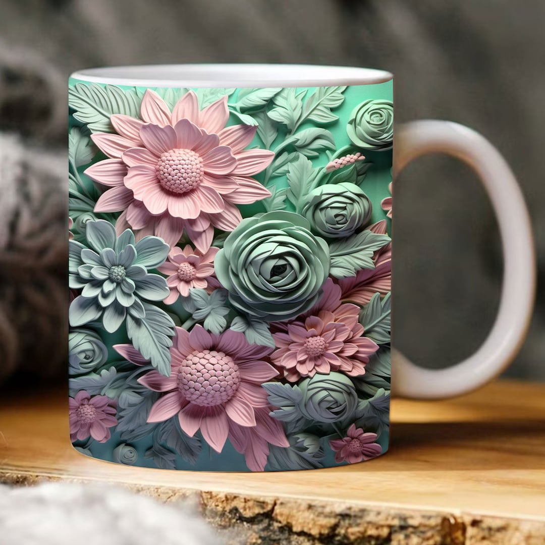 3D Pink Green Flower Mug, White Floral Mug, Wedding Mug Design, Floral ...