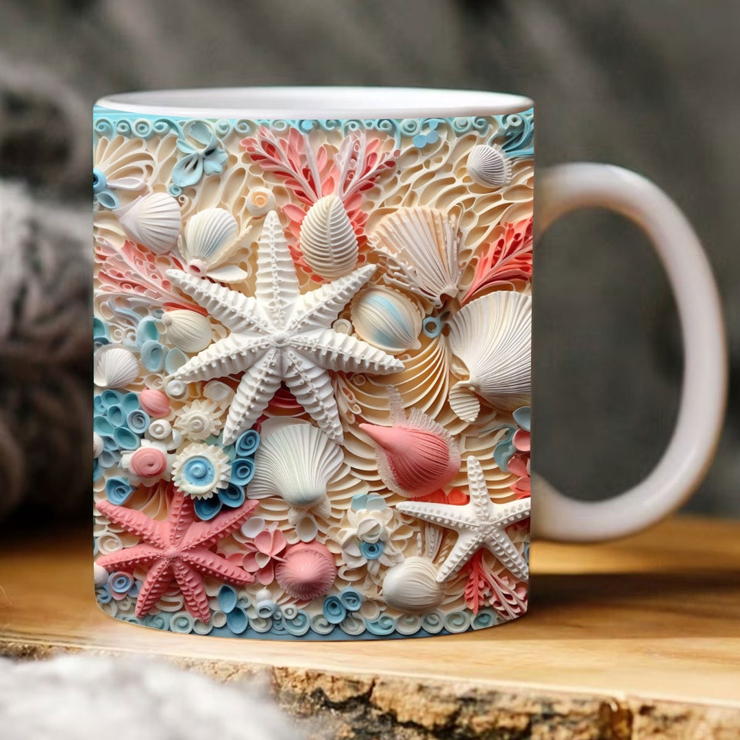 3D White Seashells Beach Mug, 3D Summer Beach Mug, 3D Mug Design ...