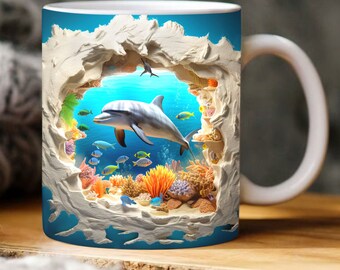 3D Dolphins Mug Wrap Sublimation Template Design PNG Ocean Life Mug ...