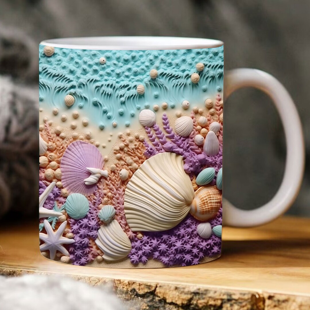 3D Beach Mug, 3D Purple Flowers Seashells Mug, 3D Coral Mug Design ...