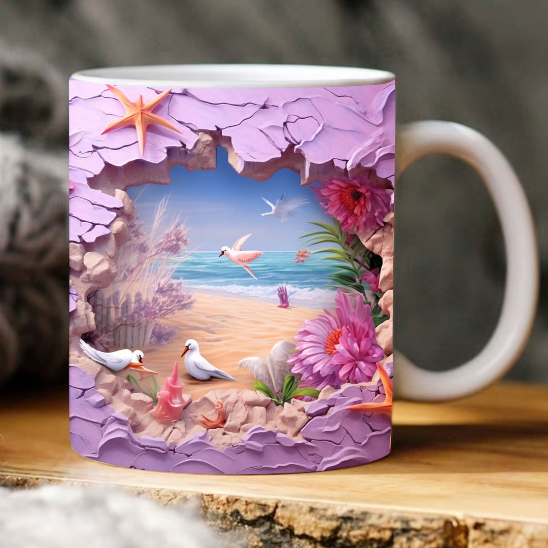 3D Sunset Beach Crack Hole Mug Wrap Sublimation,3d Beach Mug Wrap PNG ...