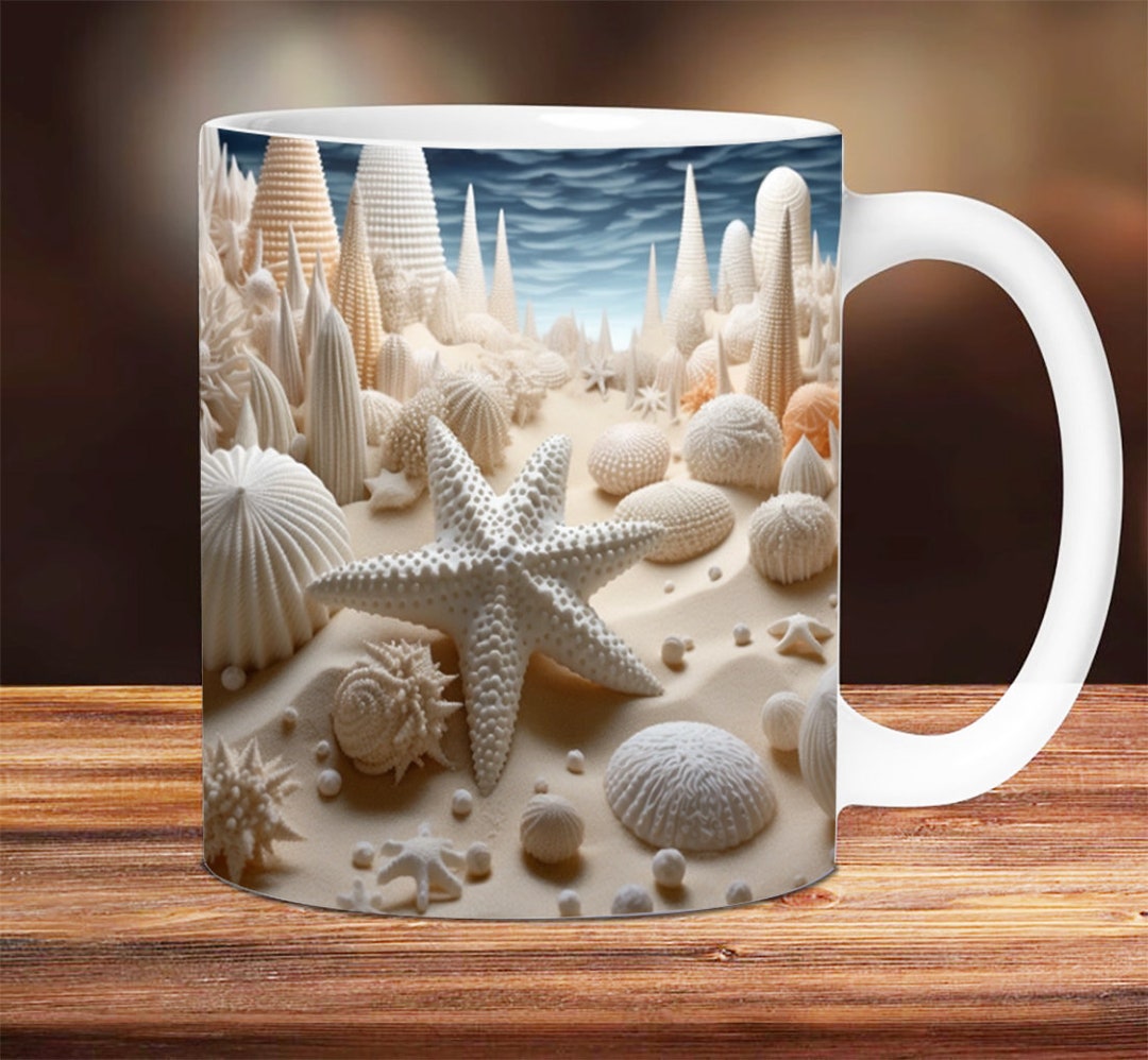 3D Seashells Beach Mug, 3D Summer Beach Mug, 3D White Starfish Mug ...