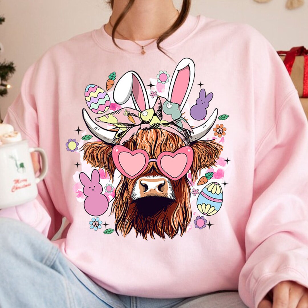 Easter Day Highland Cow PNG, Retro Easter Png, Easter Bunny Png, Clover ...