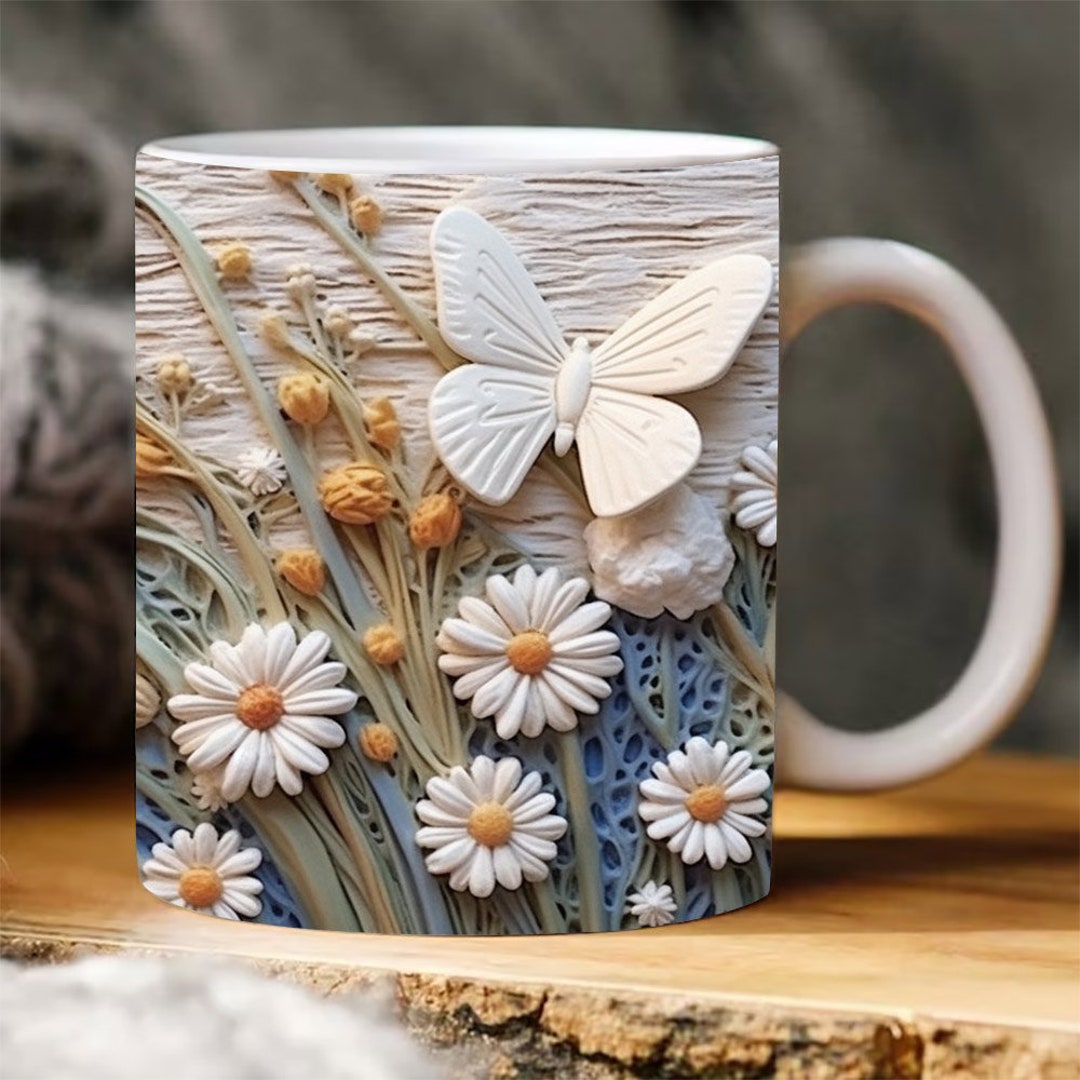 3D White Daisies Flower Mug, White Wild Floral Mug, Wedding Mug Design ...
