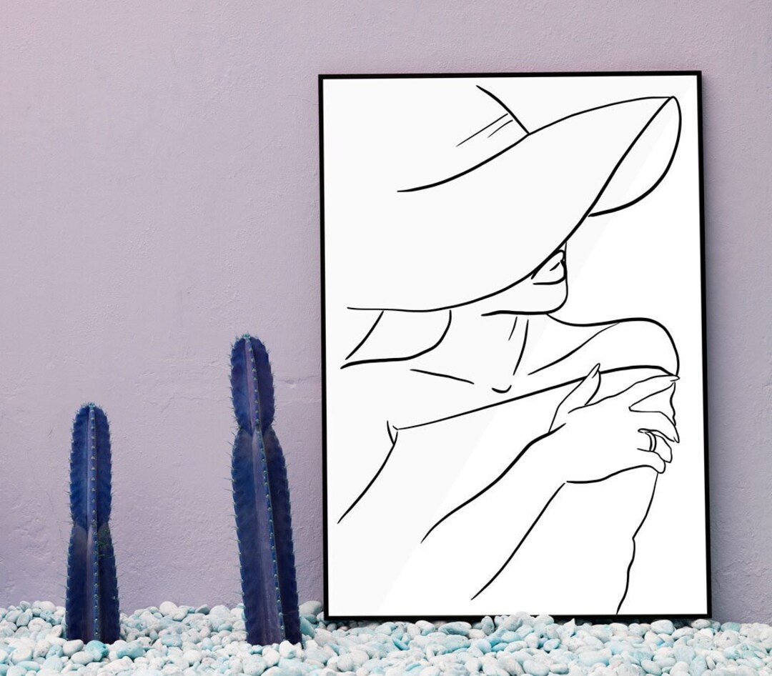 Woman With Big Hat Fine Line Art Print Female Figures Woman Wall Art ...