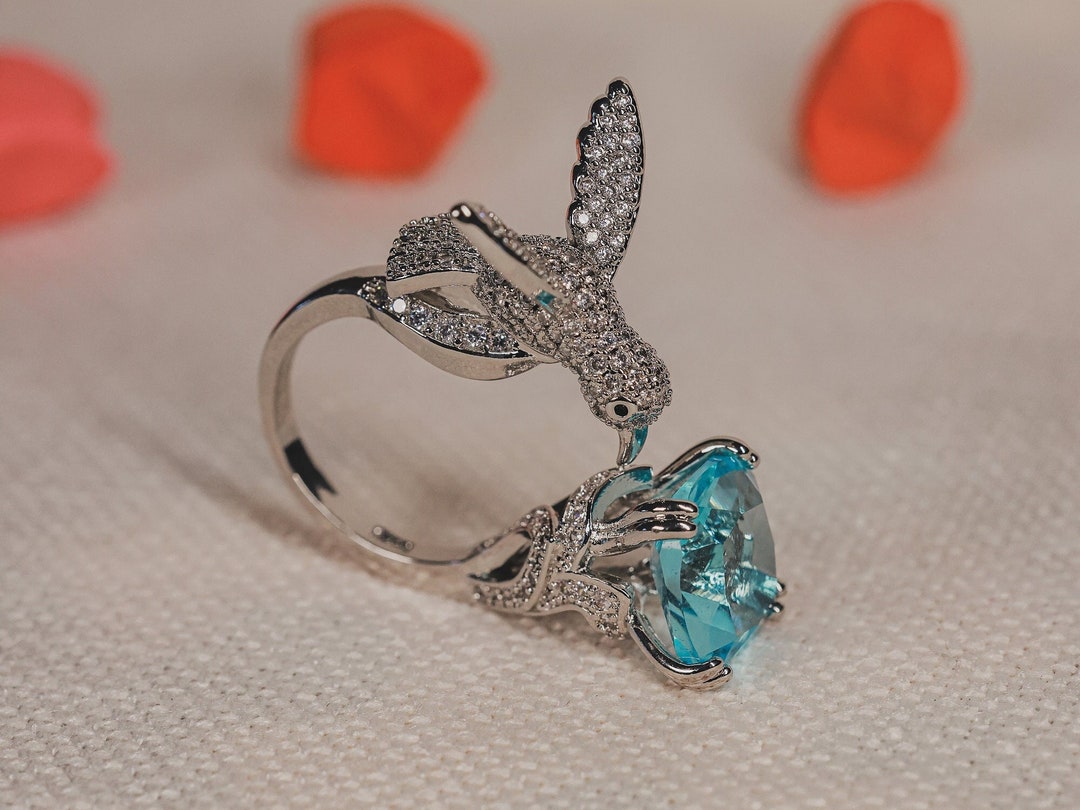 Hummingbird Sterling Silver Ring With Blue Spinel, Crystal, Adjustable ...