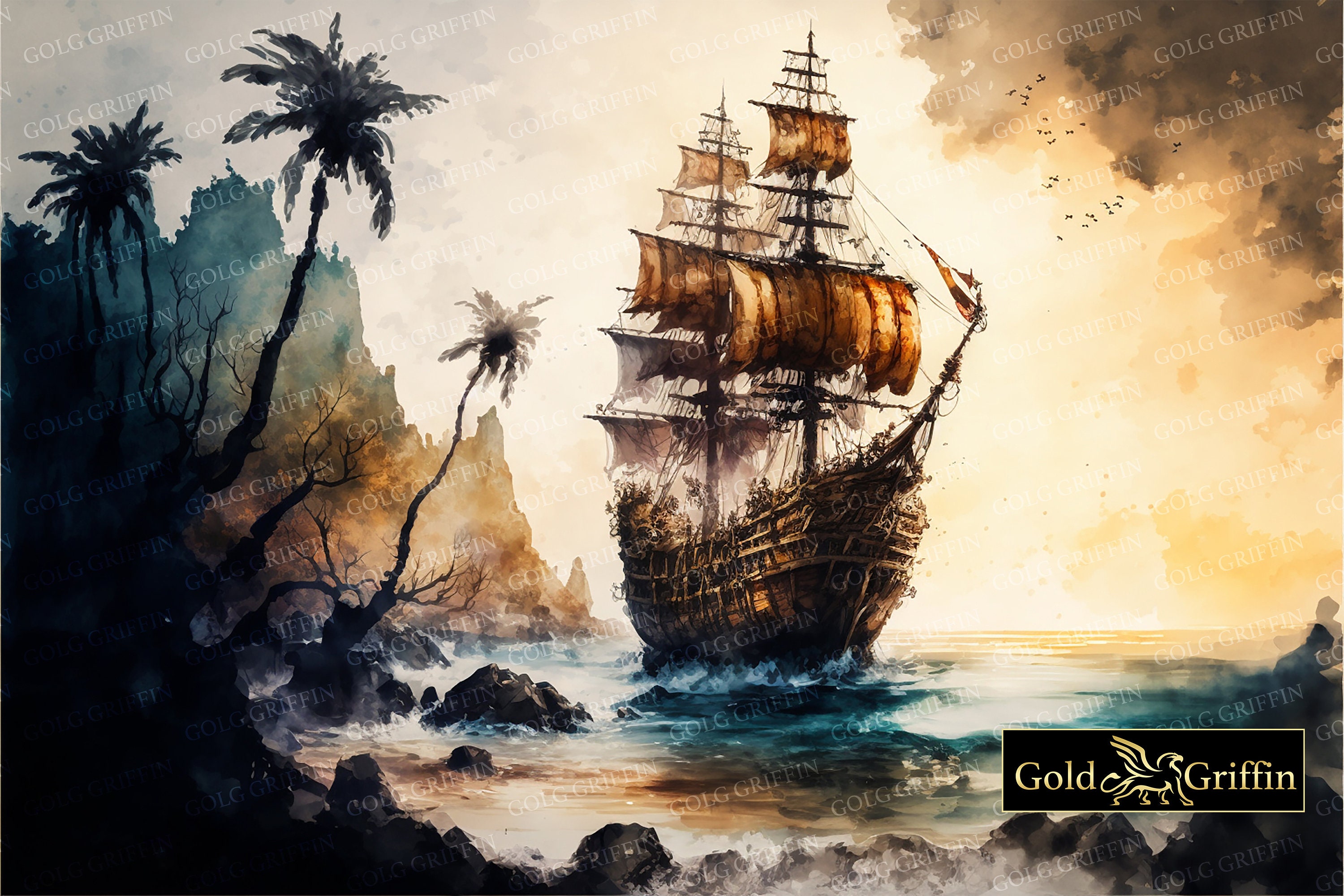 Wall Art Pirate Ship Watercolor Sailing Ship Canvas Painting Etsy
