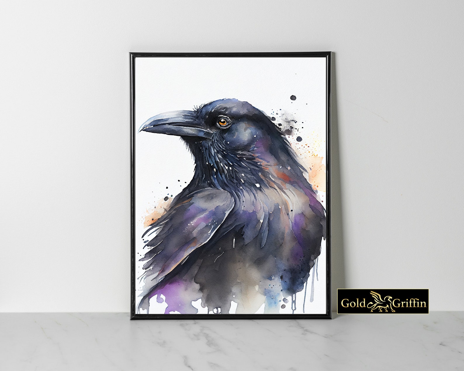 Printable Black Raven Art Print, Watercolor Black Raven Wall Art, Black ...