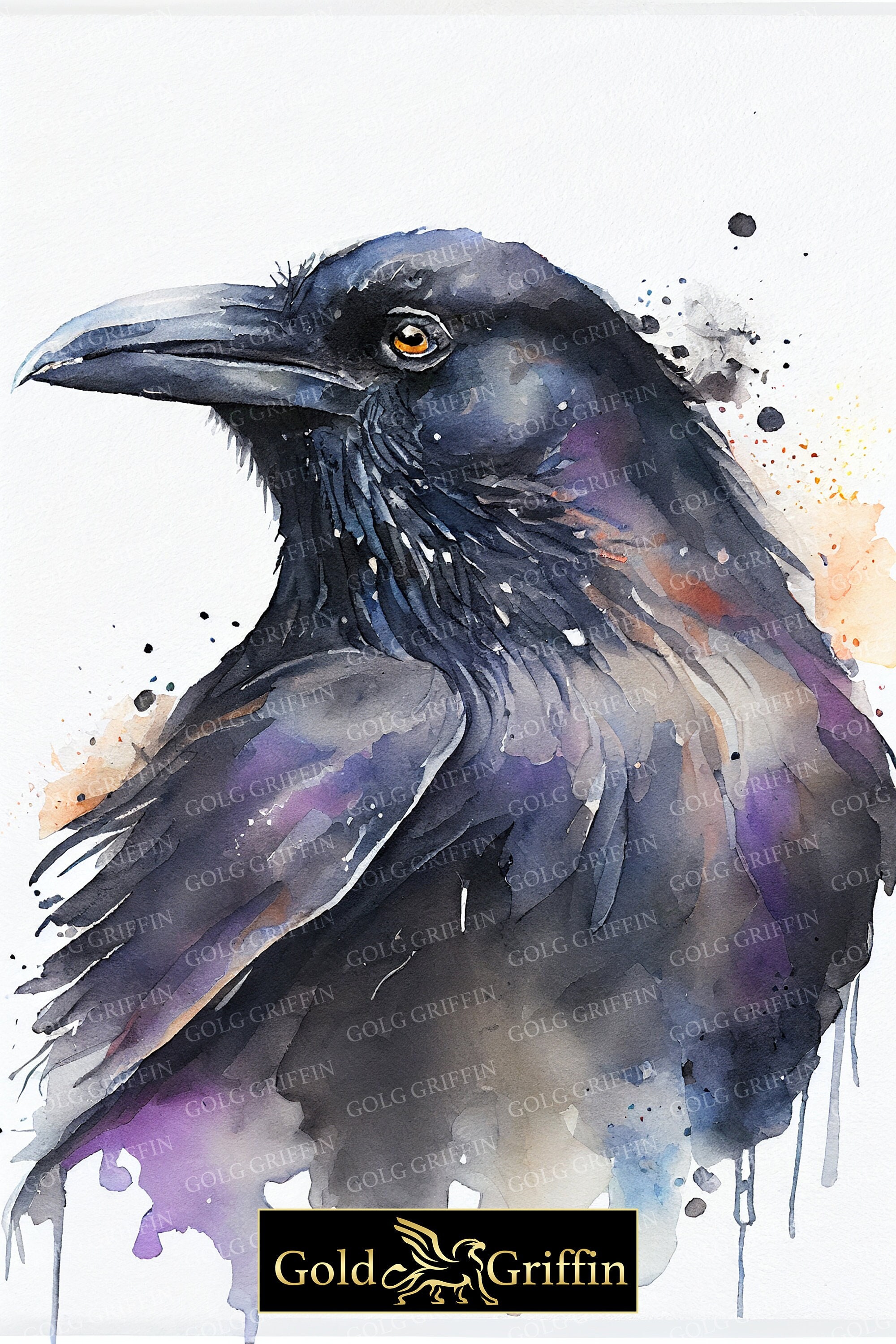 Printable Black Raven Art Print, Watercolor Black Raven Wall Art, Black ...