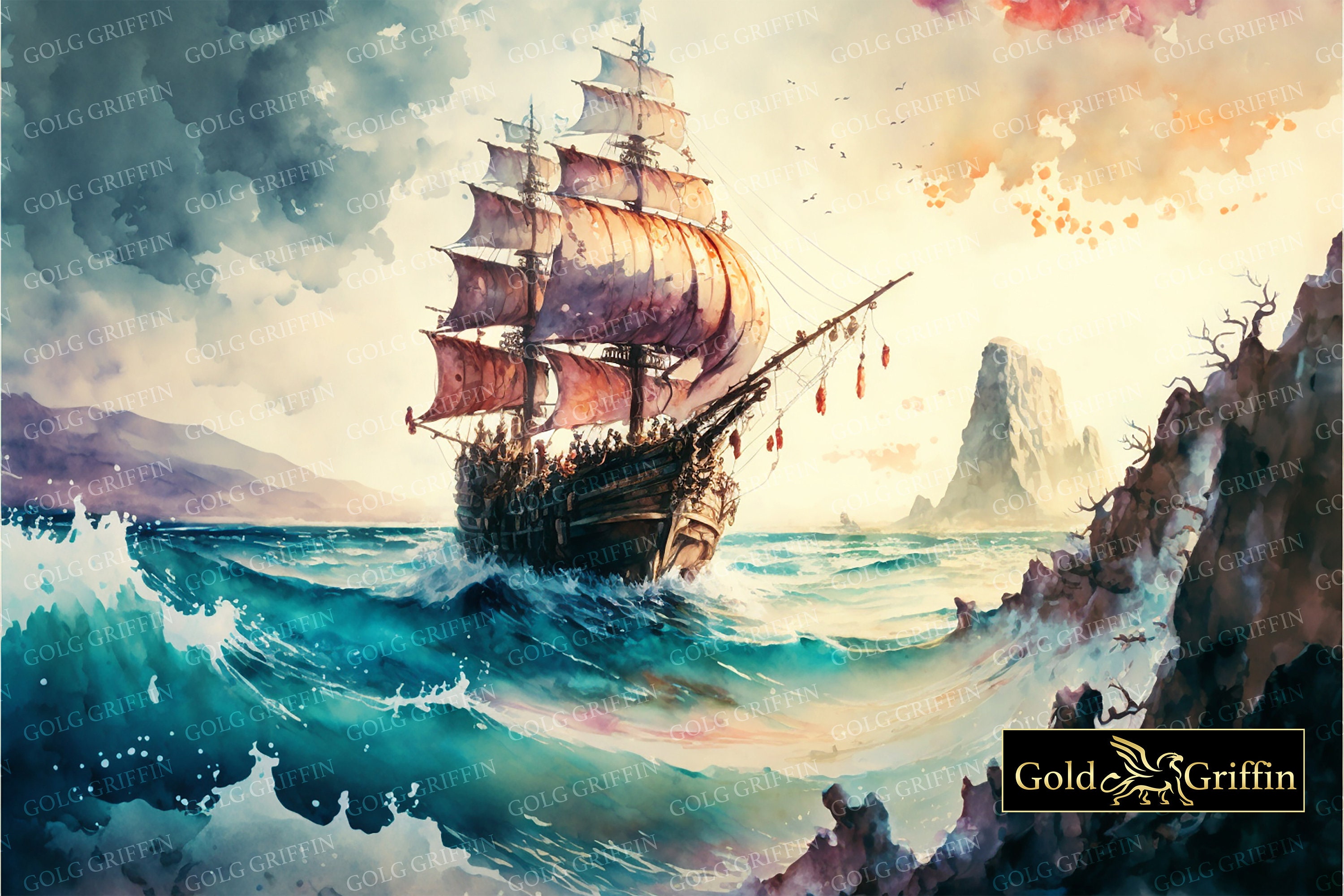 Pirate Ship Watercolor Painting