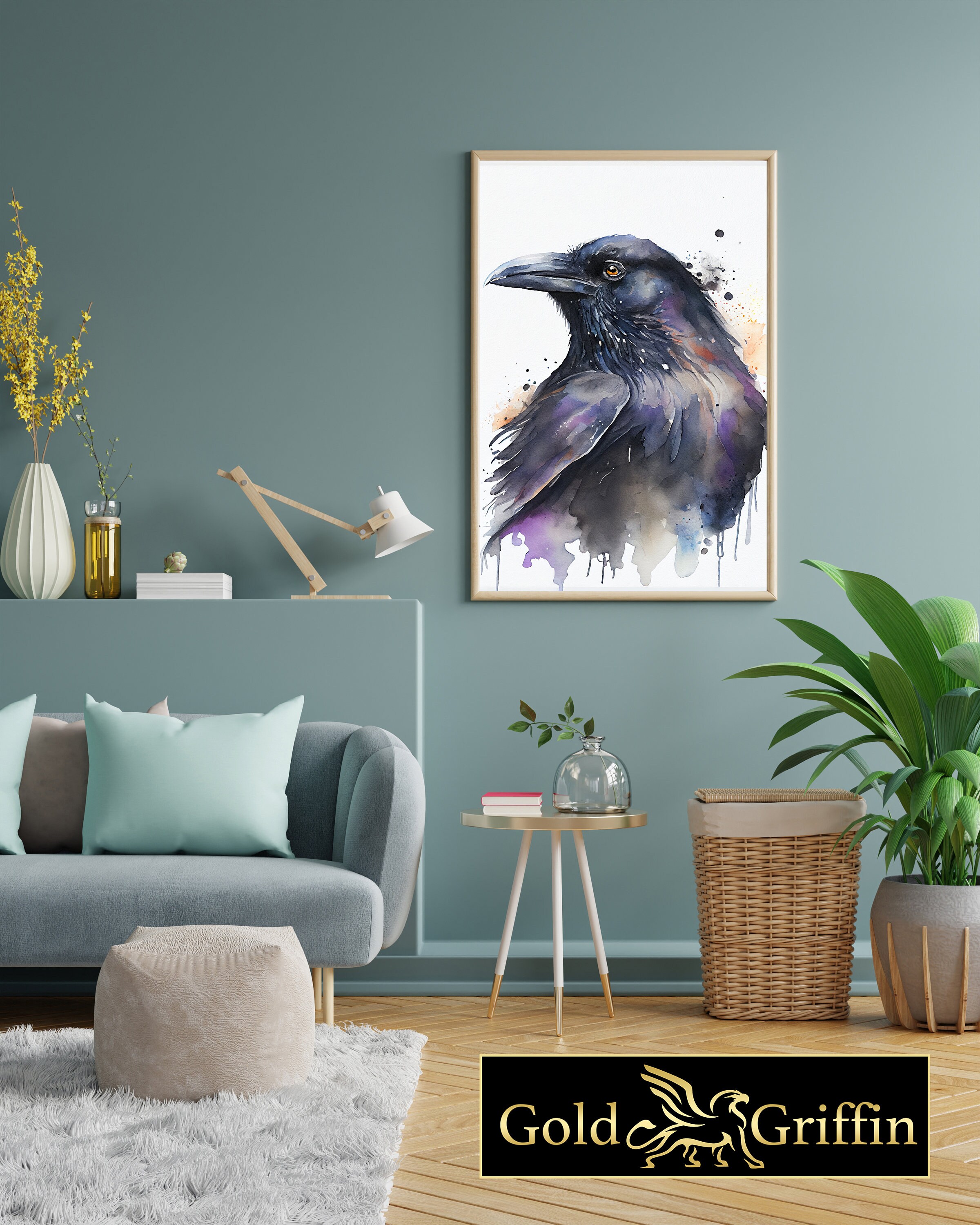 Printable Black Raven Art Print, Watercolor Black Raven Wall Art, Black ...