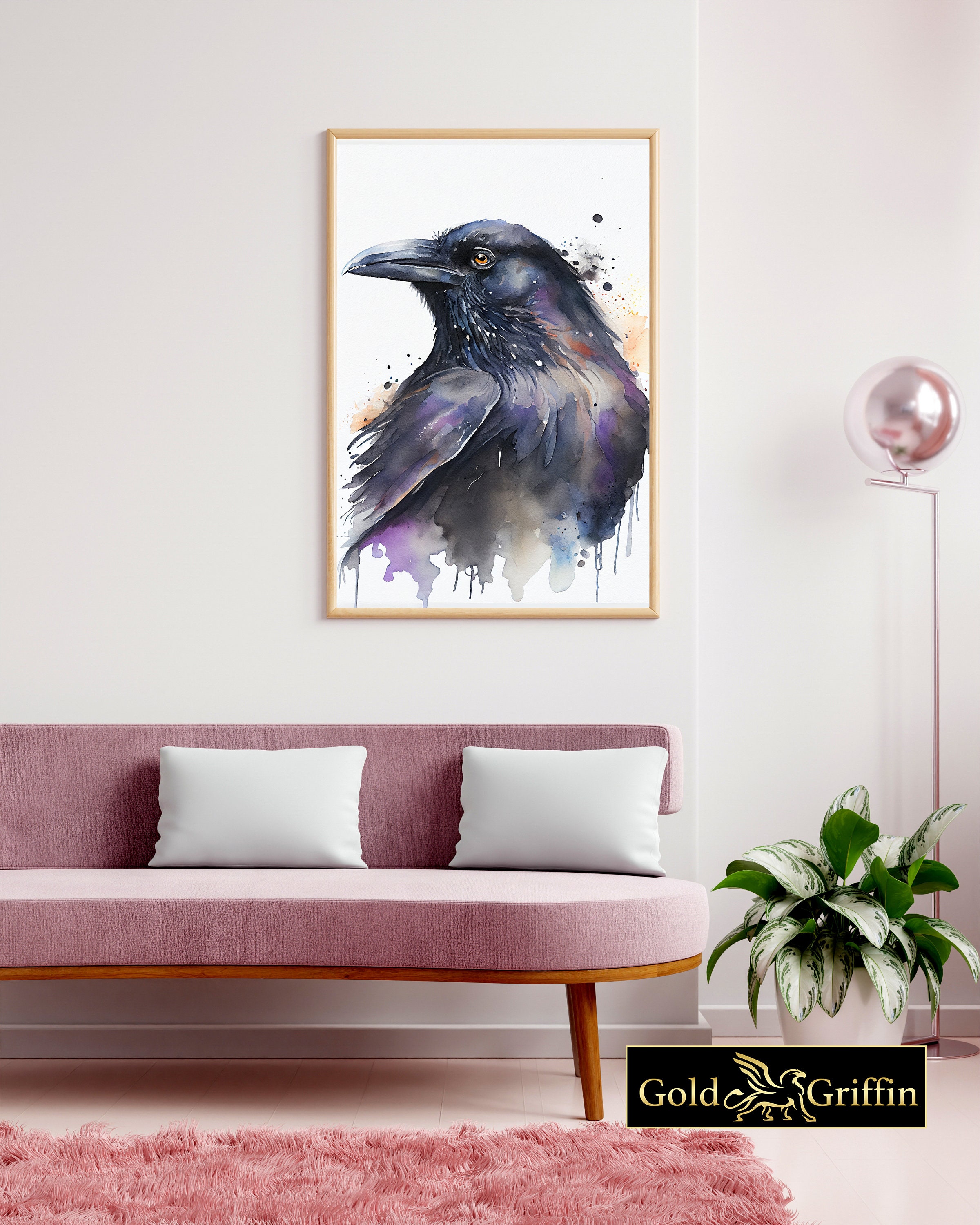 Printable Black Raven Art Print, Watercolor Black Raven Wall Art, Black ...