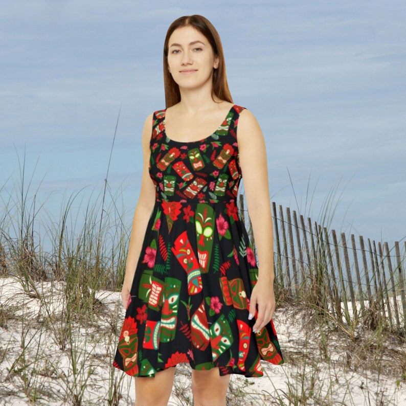 Women's Tiki Skater Dress, Hawaiian Print Sundress, Travel Vacation and ...
