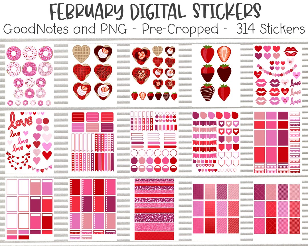 February Digital Stickers for Valentine's Day - Pink and Red Sticker ...