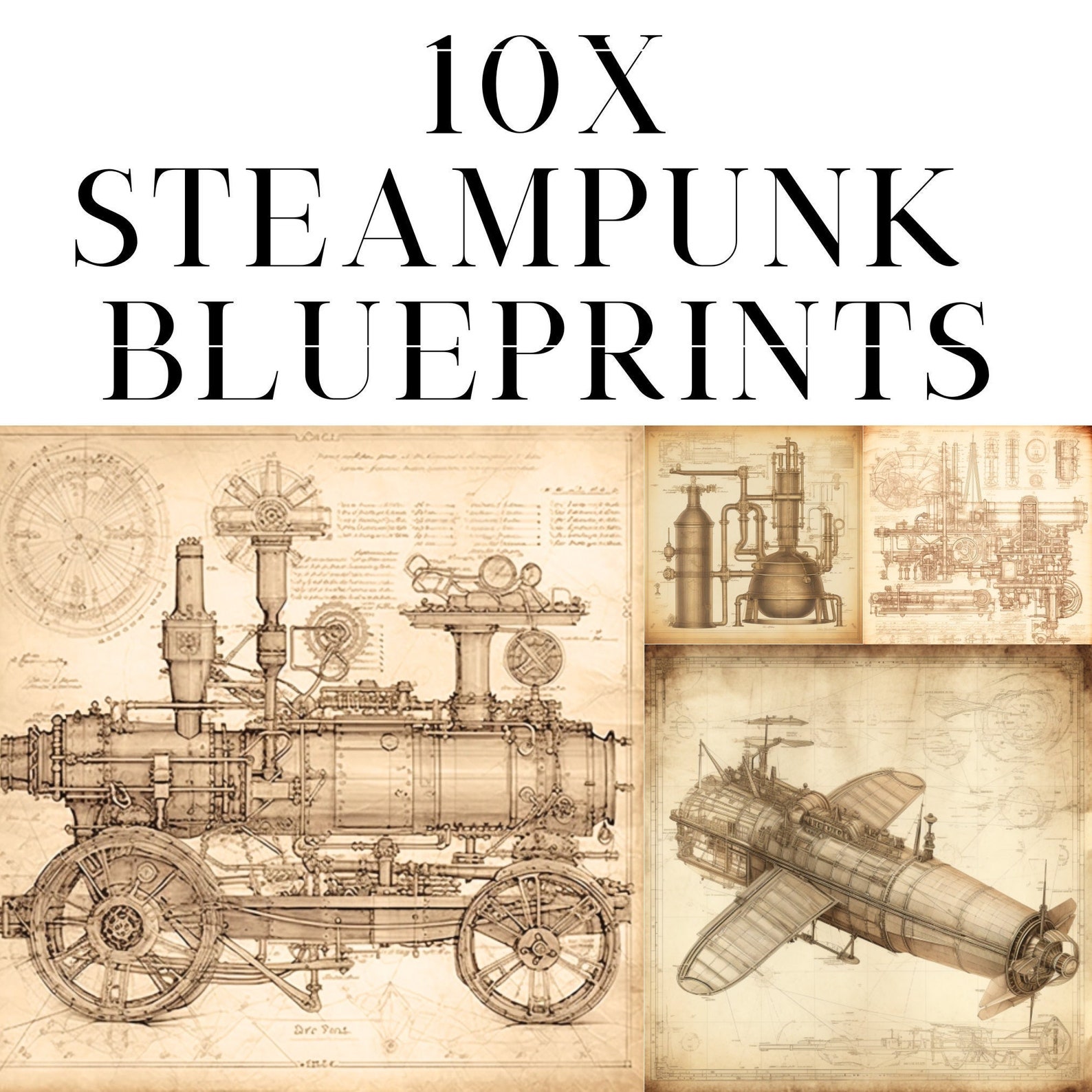 Steampunk Machines Blueprints Style Art 10 X Bundle Wall Art Planners ...