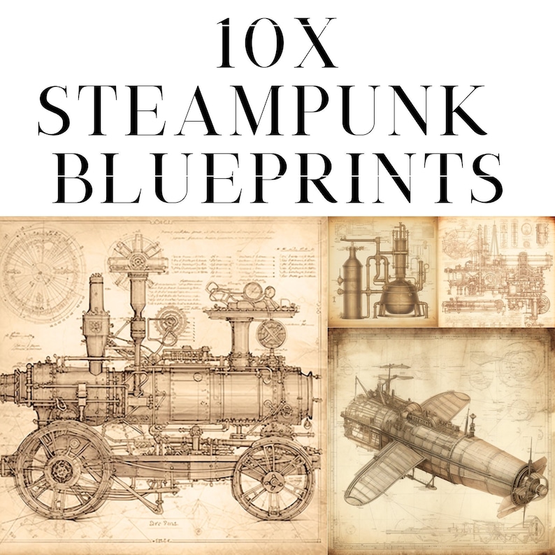 Steampunk Machines Blueprints Style Art 10 X Bundle Wall Art Planners ...