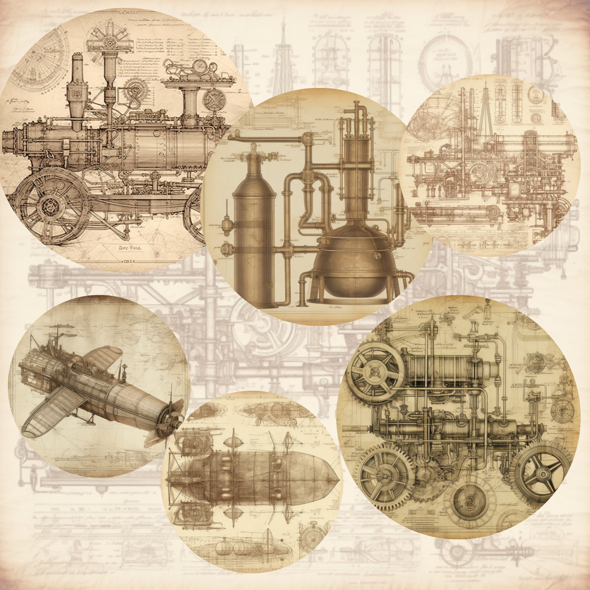 Steampunk Machines Blueprints Style Art 10 X Bundle Wall Art Planners ...