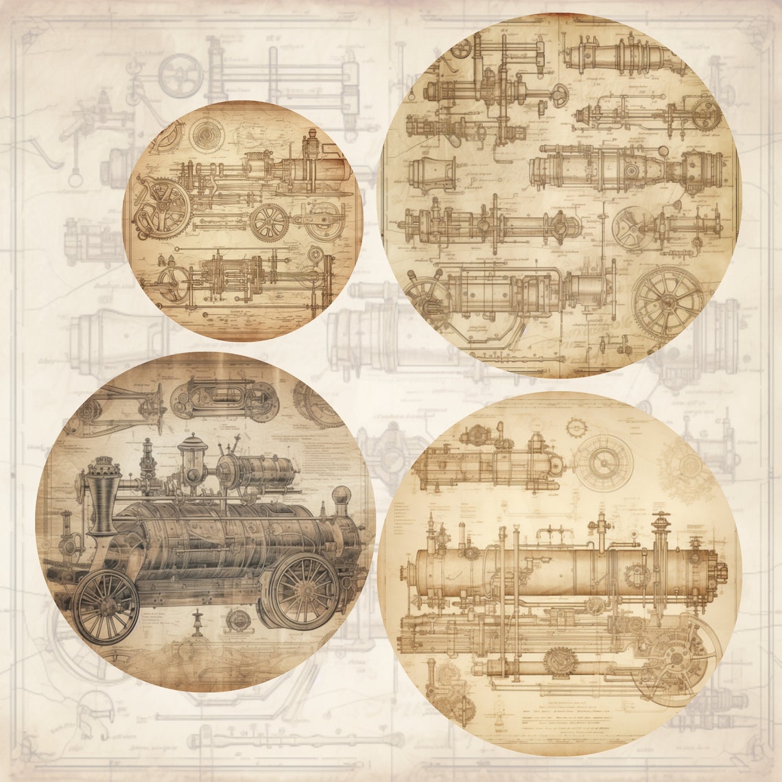 Steampunk Machines Blueprints Style Art 10 X Bundle Wall Art Planners ...
