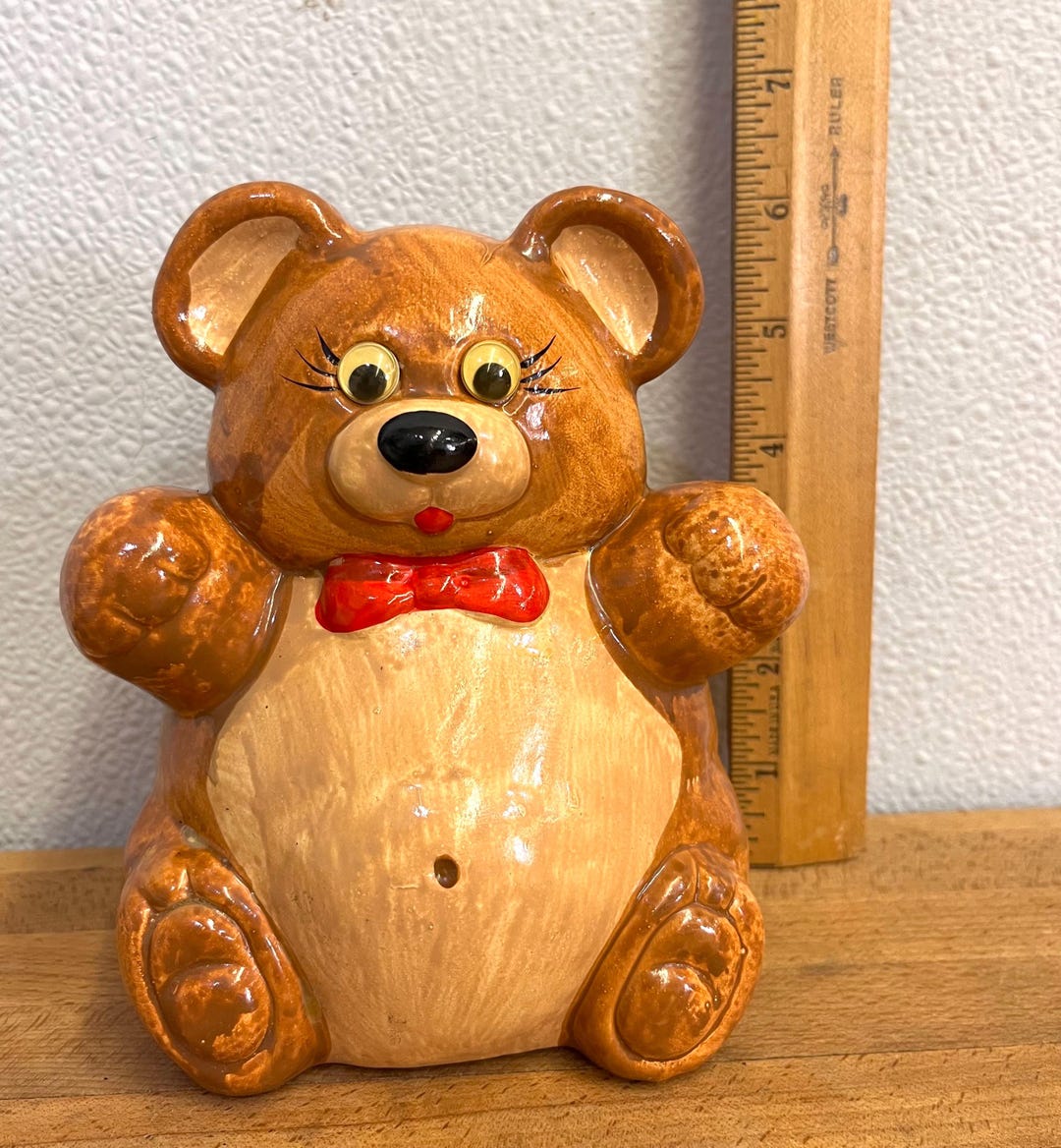Vintage Ceramic Teddy Bear Coin Bank: Brown Bear With Red Bow - Etsy