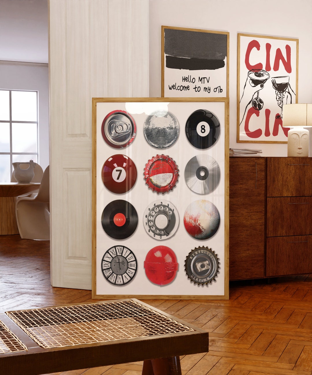 Vintage Retro Print, Trendy 8 Ball Poster, Soda Bottle Caps, Lucky 7 ...