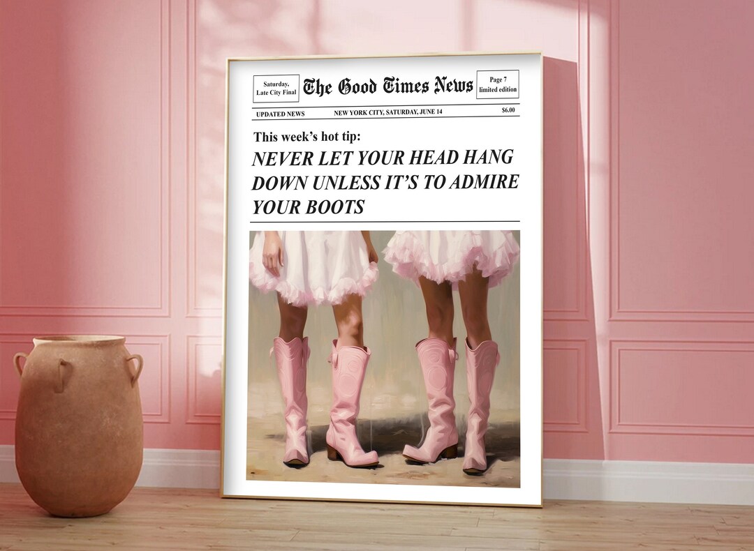 Trendy Newspaper Prints, Pink Cowgirl Boots Poster, Preppy Dorm Decor ...
