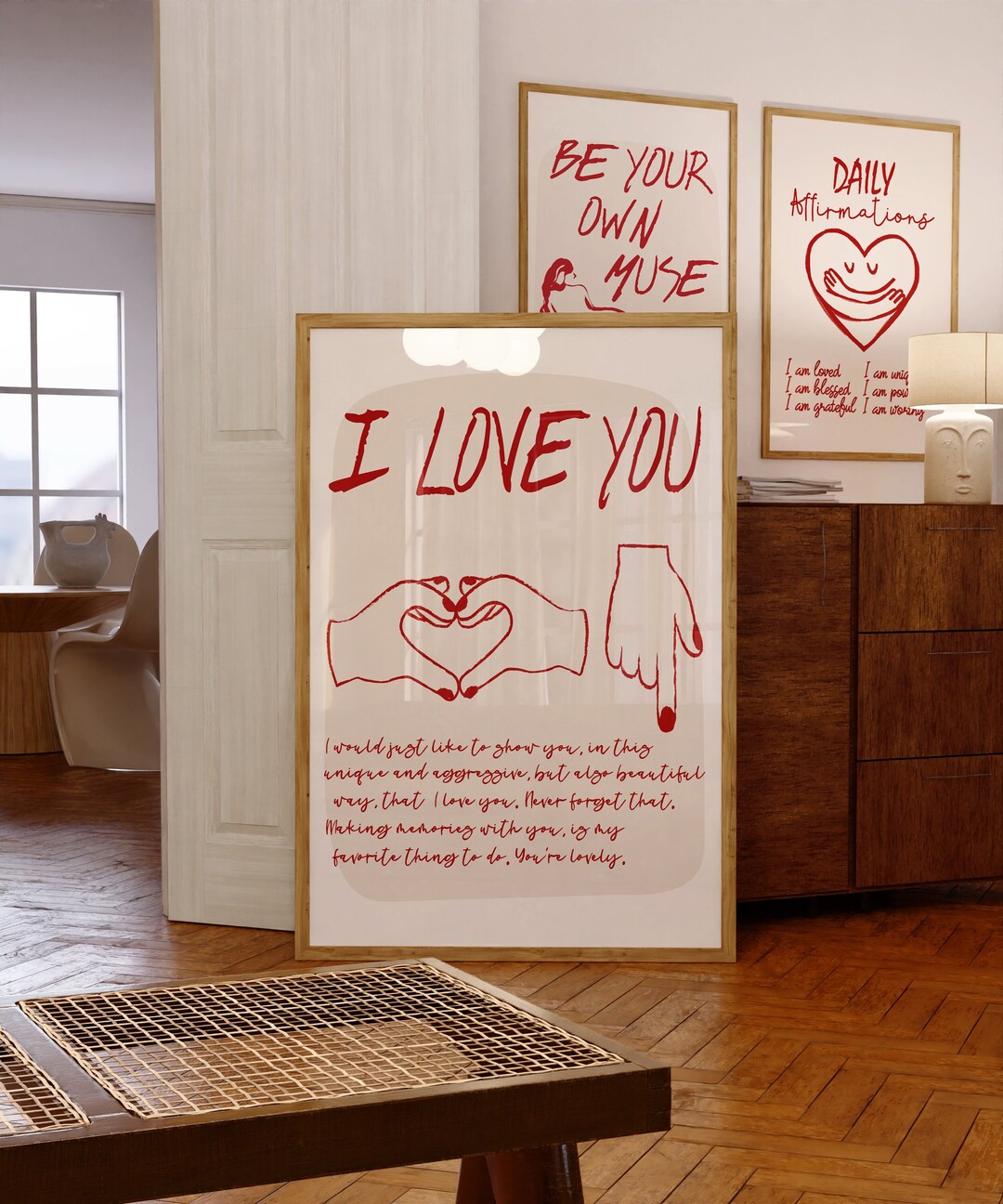 Trendy I Love You Print, Red Typography Wall Art, Hand Drawn Sketch ...