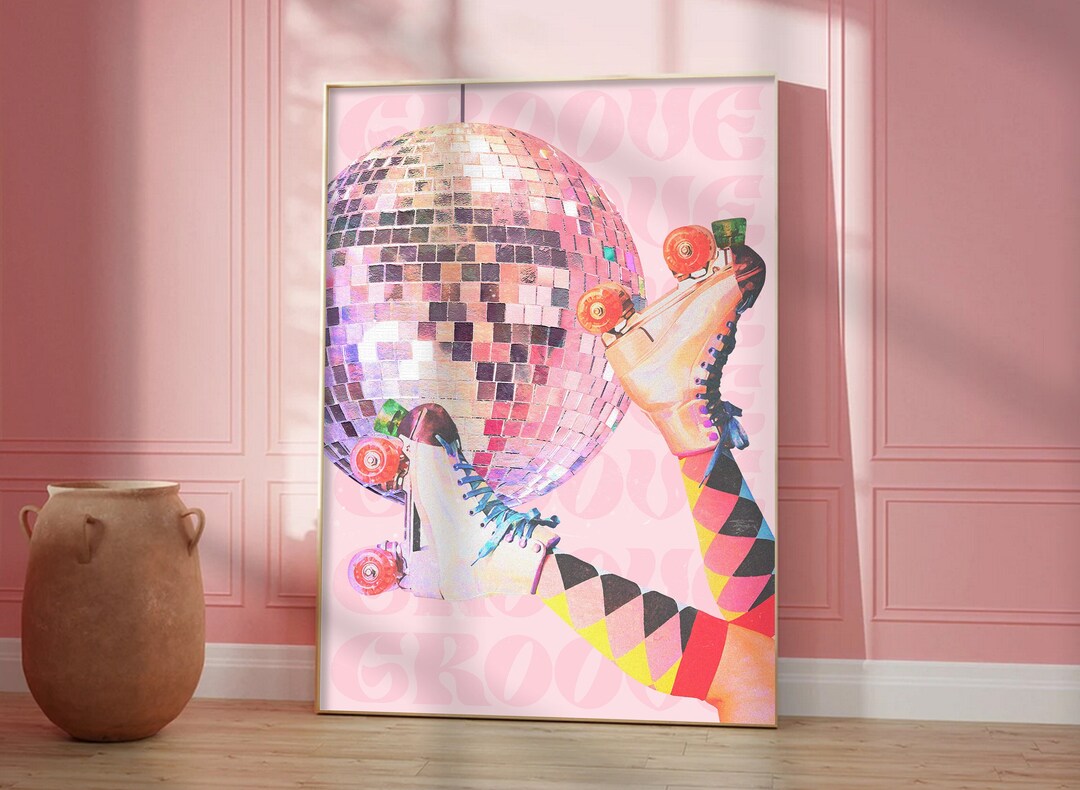 Retro Disco Ball & Roller Skates Print: Groovy Preppy Wall Art (digital ...