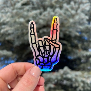 Rock & Roll Skeleton Hand - Holographic Vinyl Sticker - Rock on Sticker ...