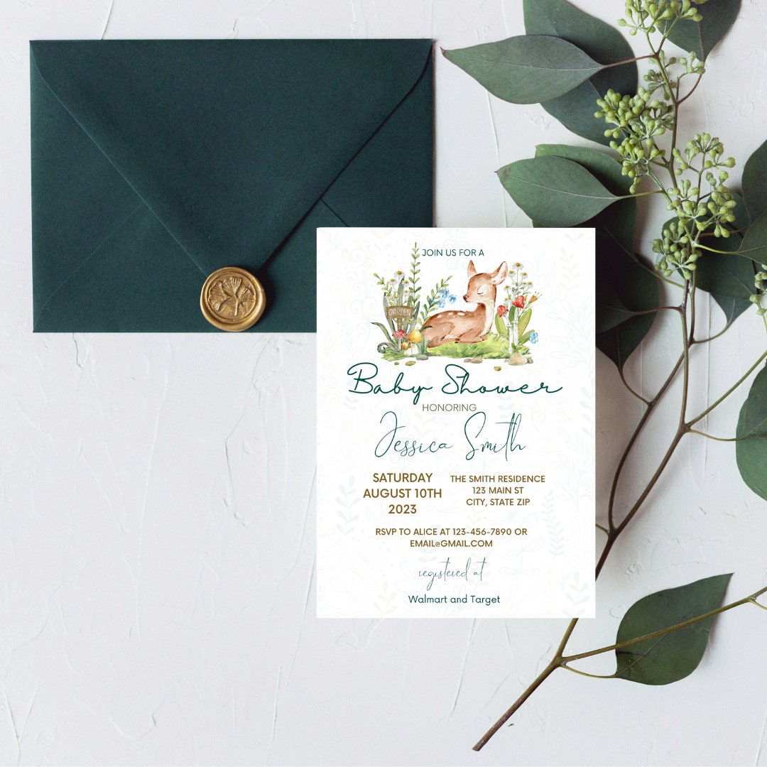 Cottagecore Garden With Deer Baby Shower Invitation 5x7 Digital ...