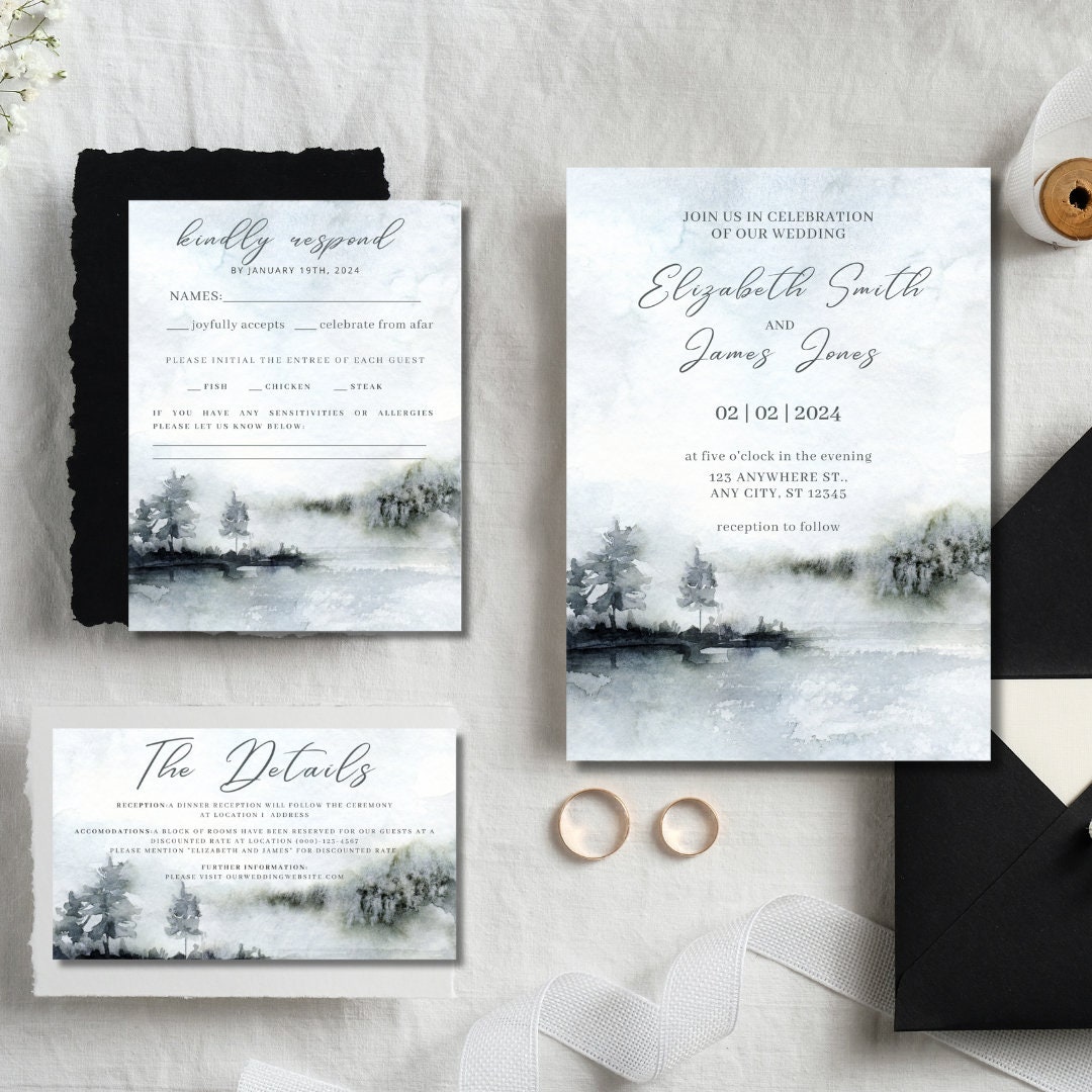 Snowy Noir Winter Wedding Invitation Package - 5x7 (customizable to 4x6 ...