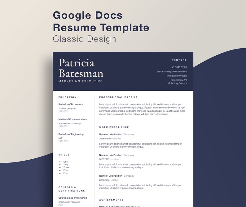 Classic Resume Template for Google Docs Professional CV - Etsy