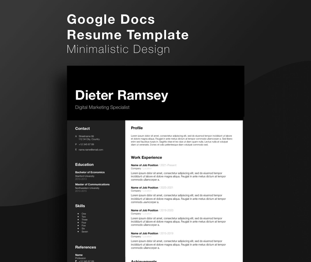 Modern Resume Template for Google Docs Minimalistic CV - Etsy