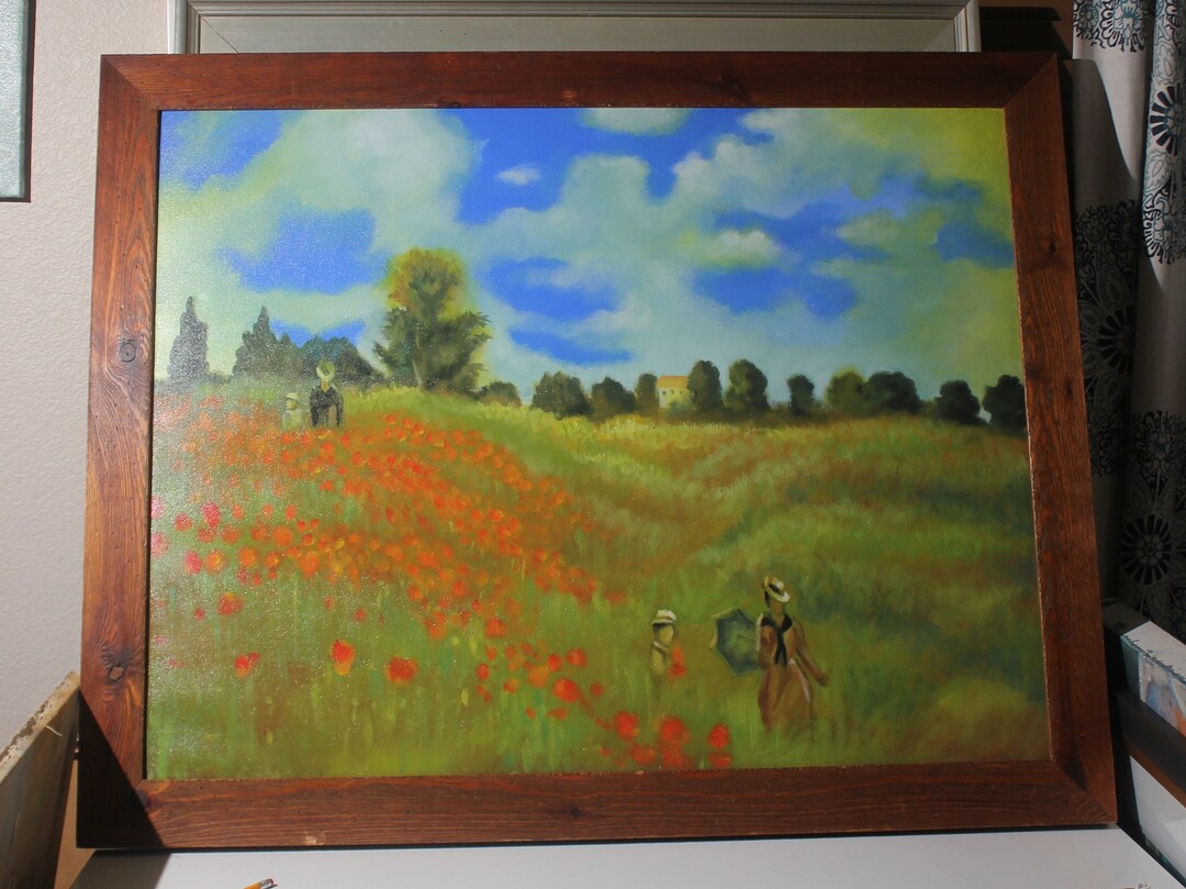 Beautiful Monet Poppy Field Oil Painting Replica in Vintage Old Wooden ...