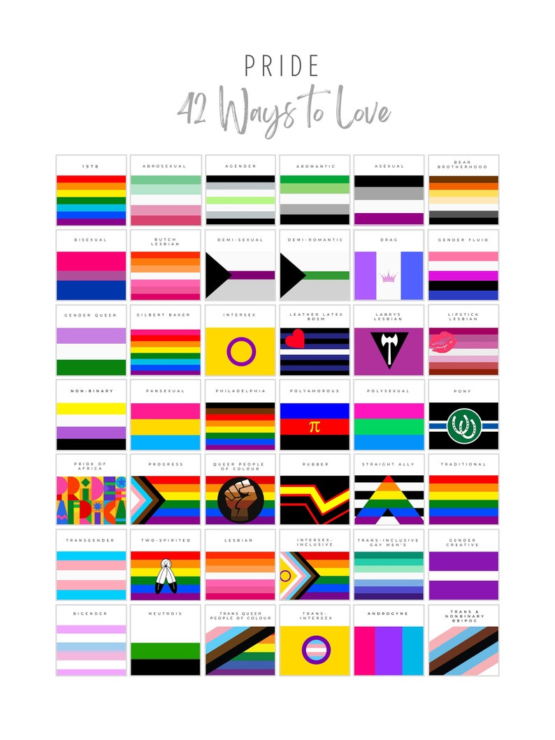 Pride Poster - 42 Ways to Love - Pride Flags and Their Meanings - Etsy