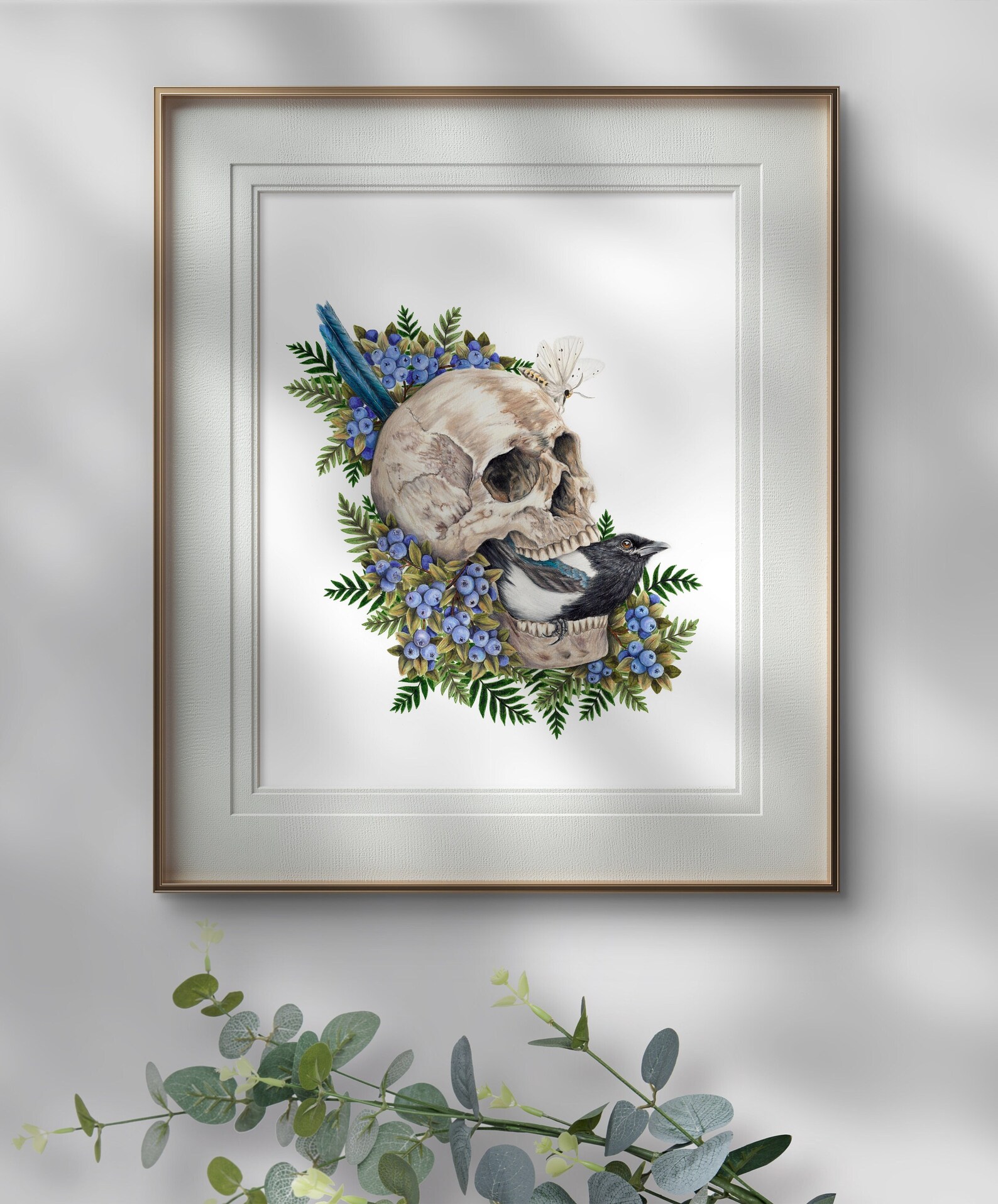Magpie Art Print Blueberries & Human Skull Wall Art Ferns Fantasy Art ...