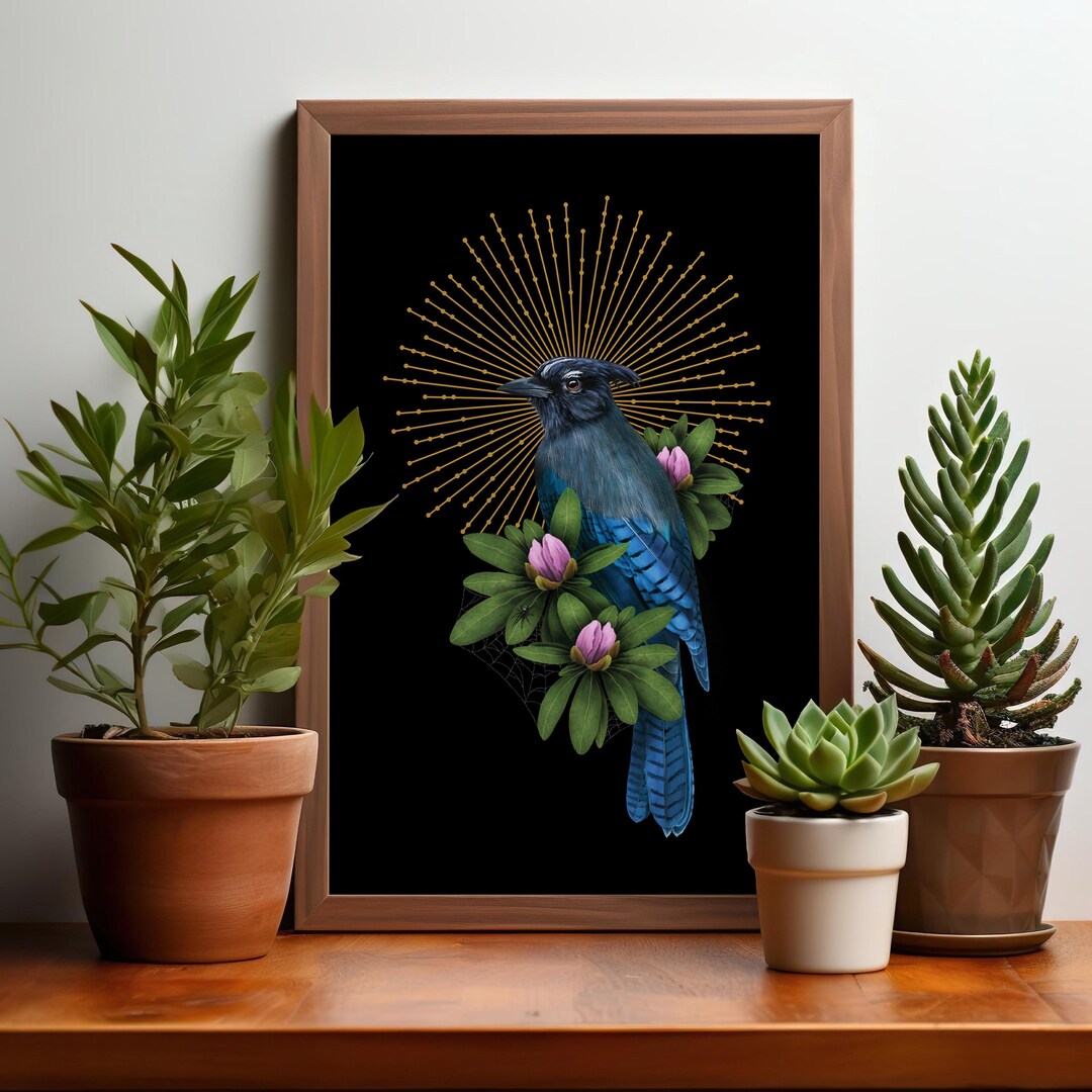 Steller's Jay & Azalea Flowers Bird Art Moody Witchy Whimsy Botanical ...