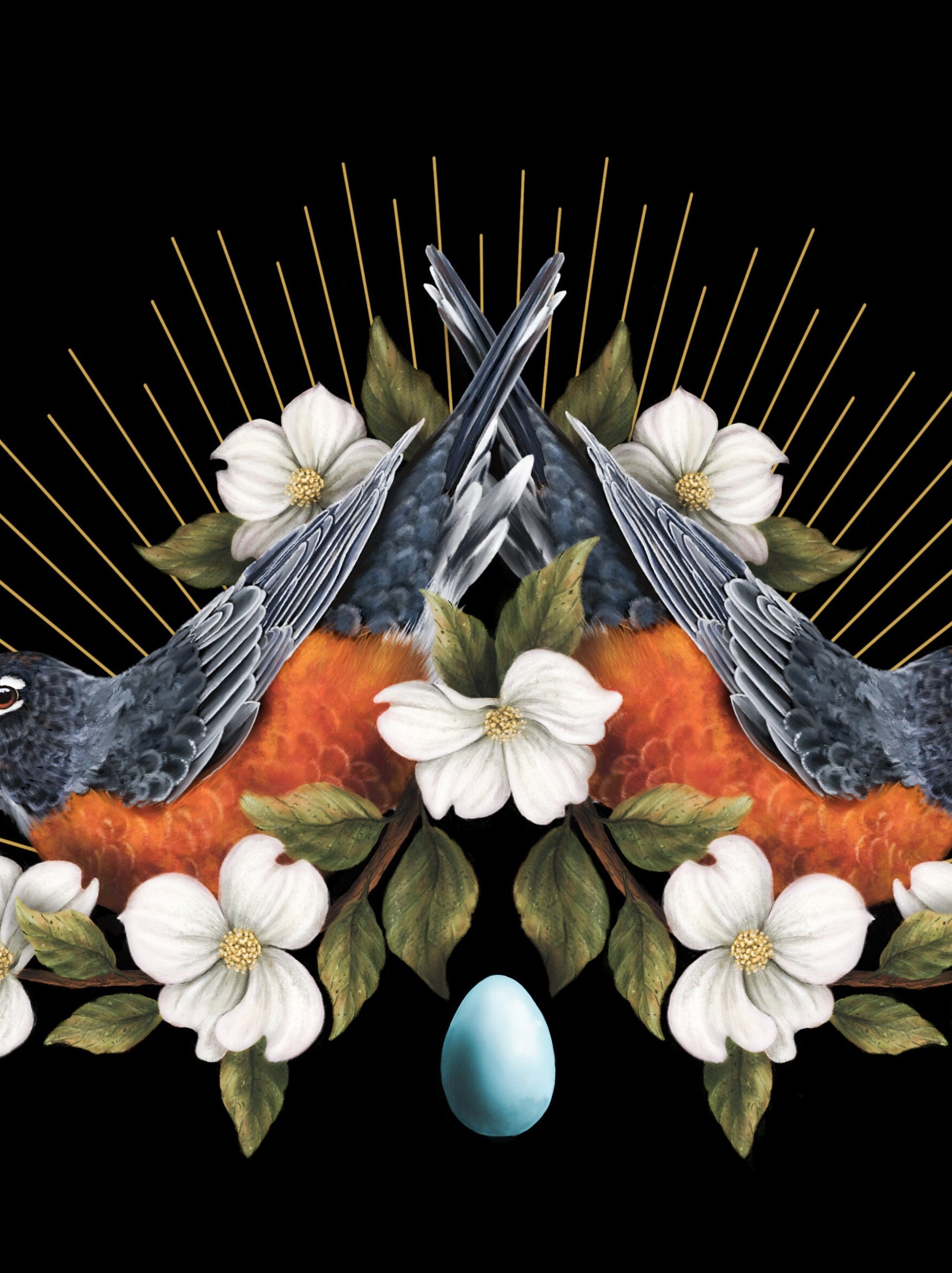 American Robins & Dogwood Flowers Robins Egg Spring Moody Bird Art Bird Hag - Etsy