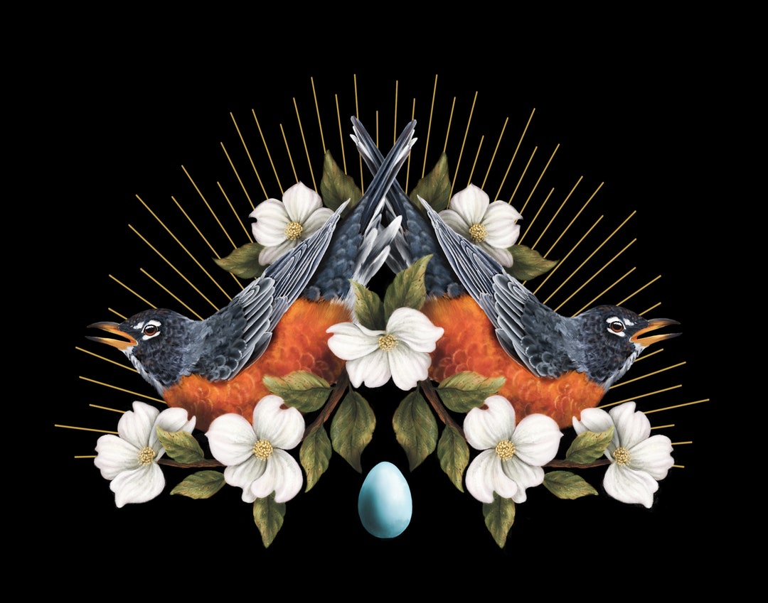 American Robins & Dogwood Flowers Robins Egg Spring Moody Bird Art Bird Hag - Etsy