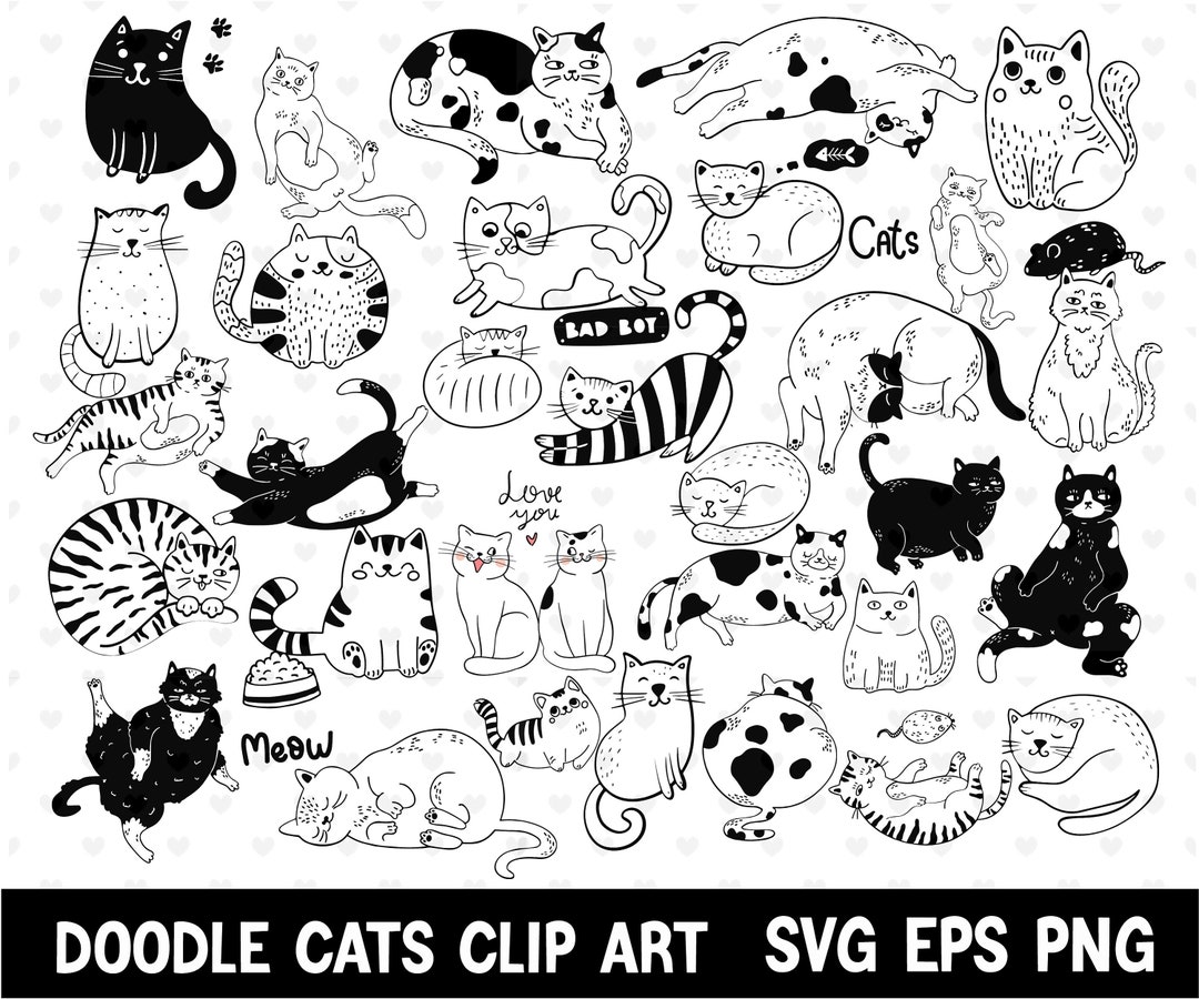 Cute Cats Doodles Clipart Svg Png Bundle, Cat Doodle Svg, Animal Hand ...