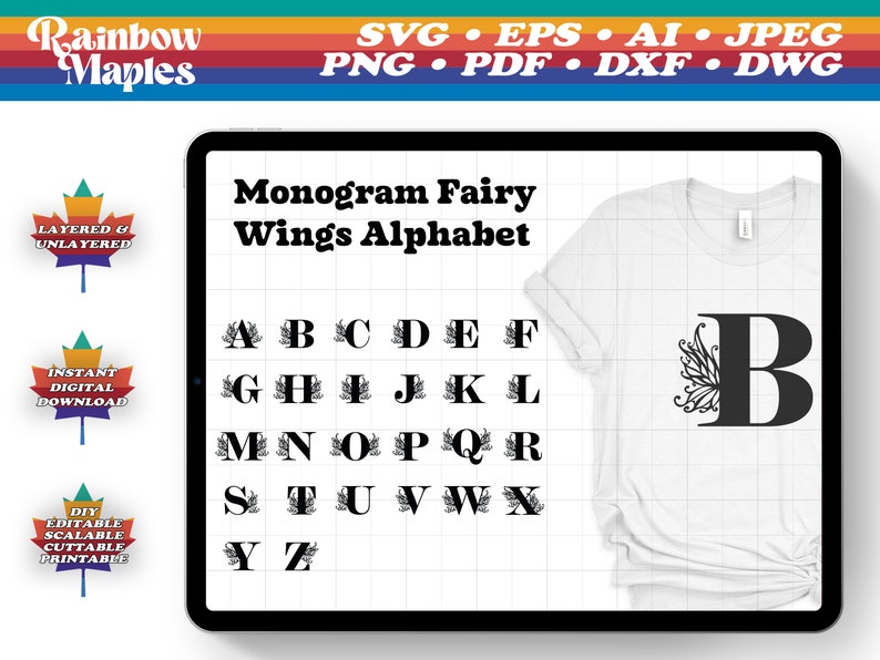 Fairy Wings Monogram Alphabet Vector SVG File for Cricut Digital ...