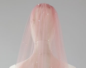 Blush Rose Wedding Veil With Pearls, Blush Pink Color Fabric, White ...