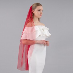 Rose Red Pearl Wedding Veil, Red Rose Color Fabric, White Regular Pearl ...